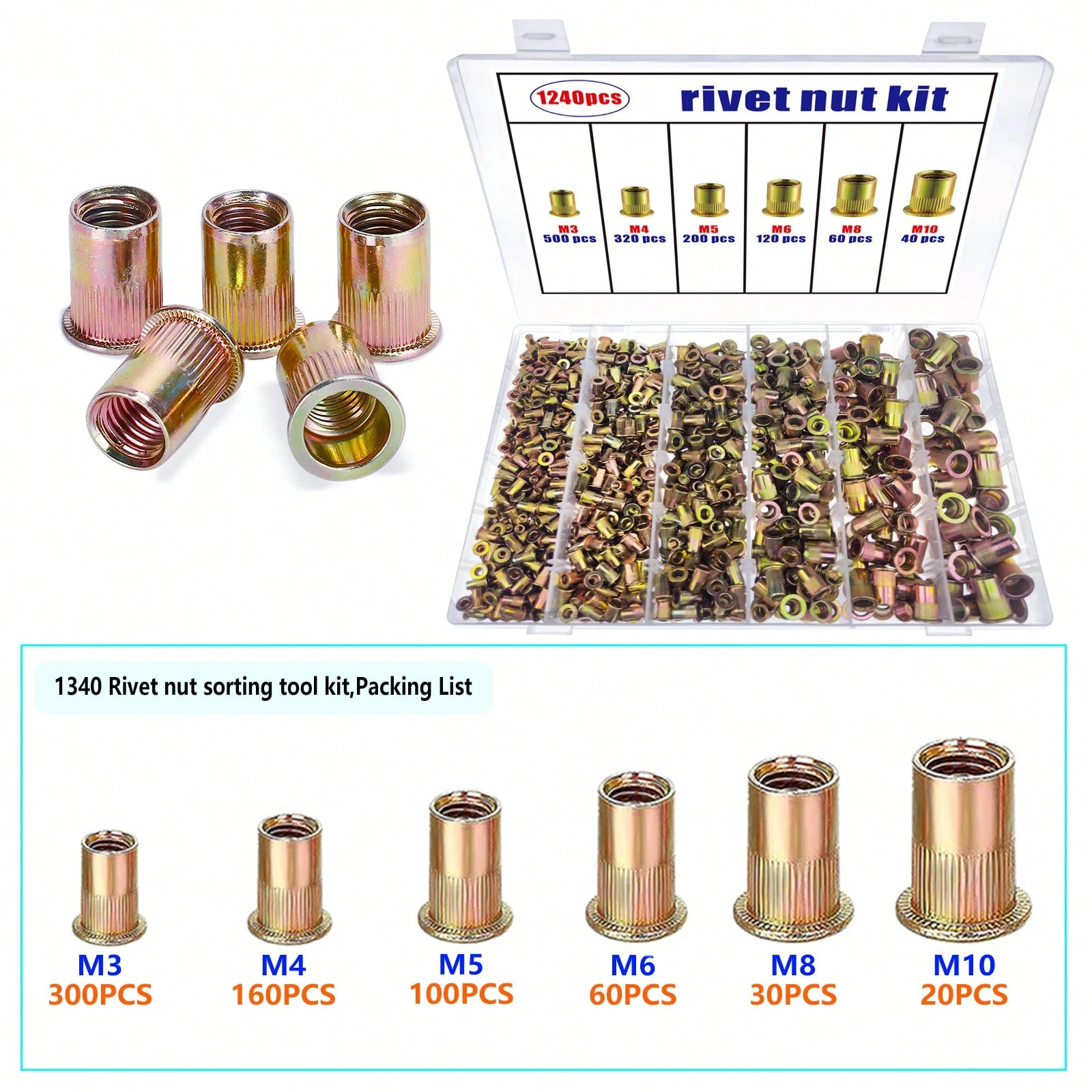 Kit surtido de 1240 unidades de remaches tuerca de acero al carbono ...