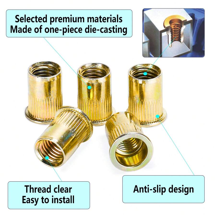 1240pcs Carbon Steel Rivet Nut Assortment Kit, Flat Head Threaded ...