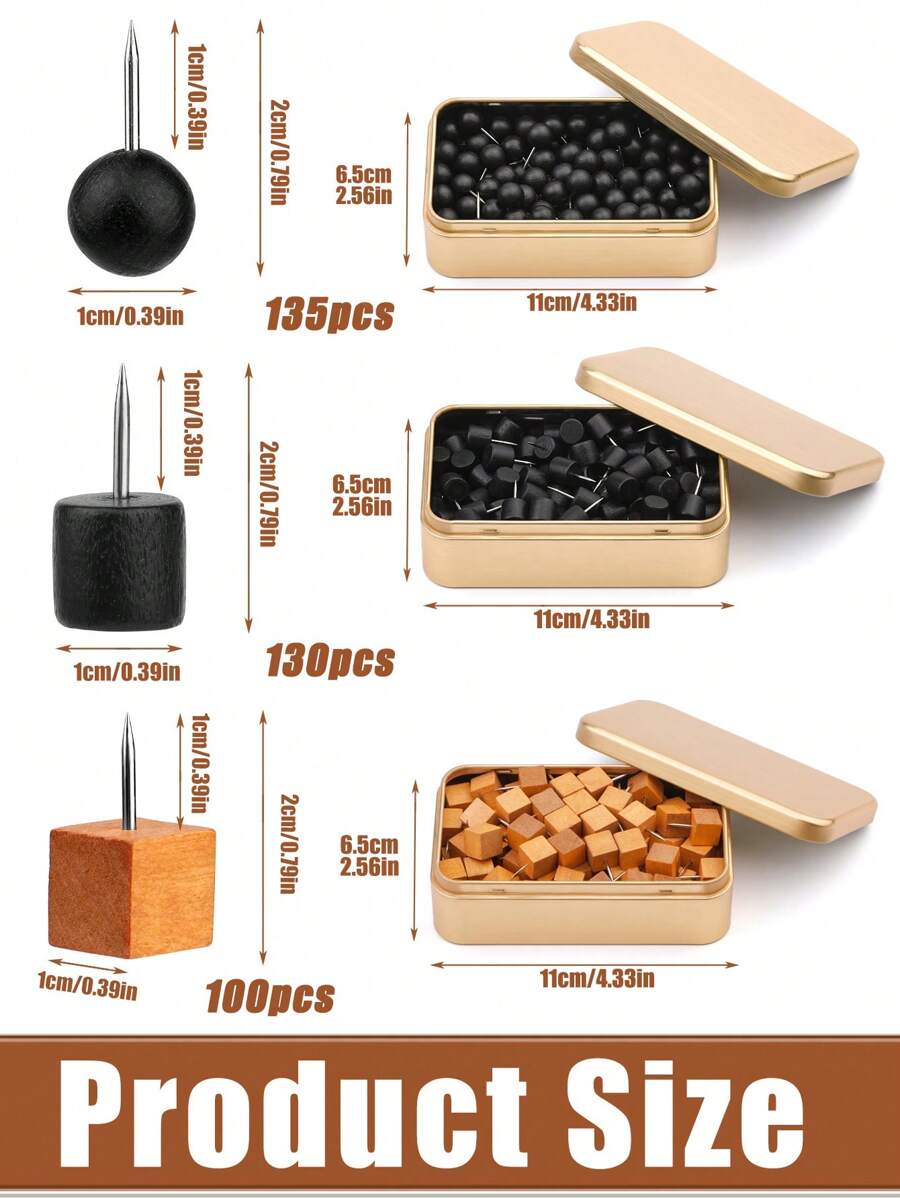 1 Set Wooden Push Pins, 100/130/135pcs Round & Square Push Pins For DIY ...