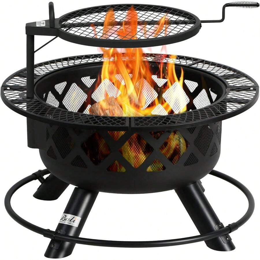Wood Burning Fire Pit With Quick Removable Cooking Grill, Black, 32in ...