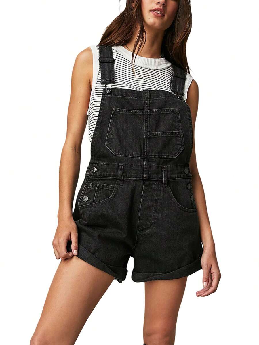 Women Denim Bib Overalls Adjustable Straps Pocket Romper Shorts Casual ...