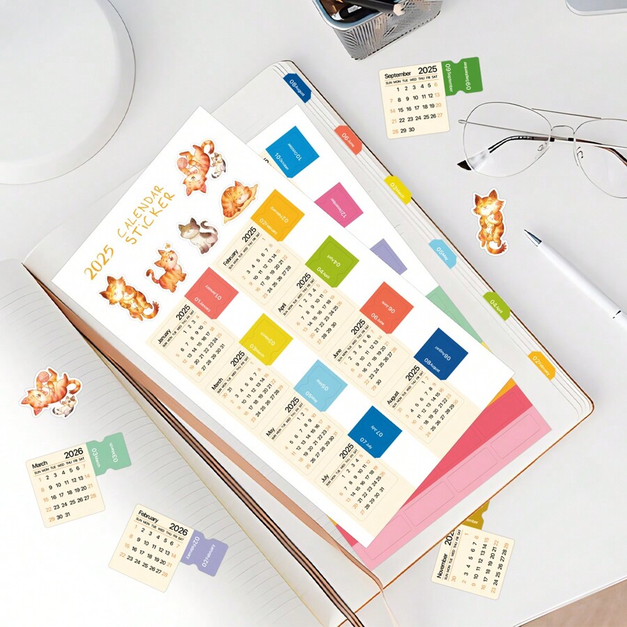 2 Sheets Calendar Index Stickers - 2025 Self-Adhesive 12 Months Diary ...