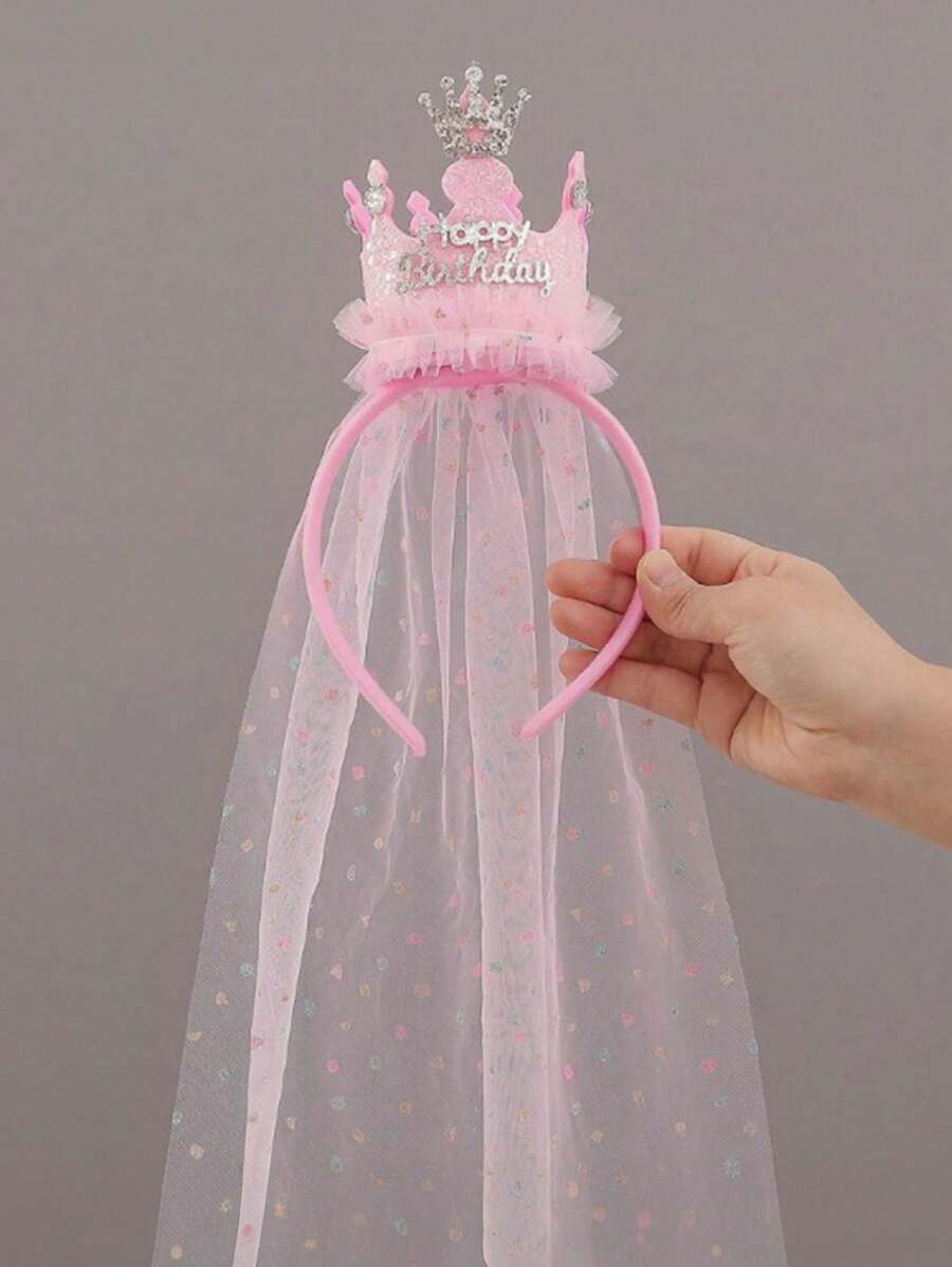 1 Pc Cartoon Princess Crown Headband With Cute 3D Veil And Fairy Mesh ...