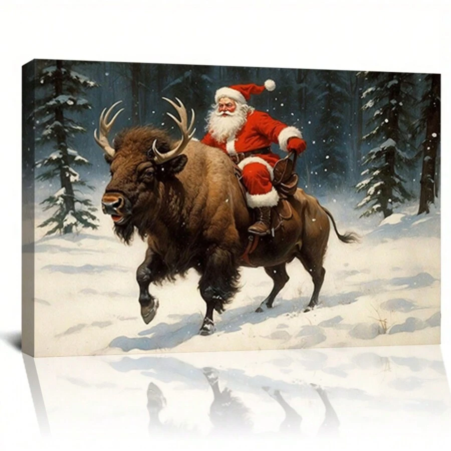 Santa Claus Riding Bison Canvas Wall Art Santa Claus Poster Christmas Decoration Holiday ...
