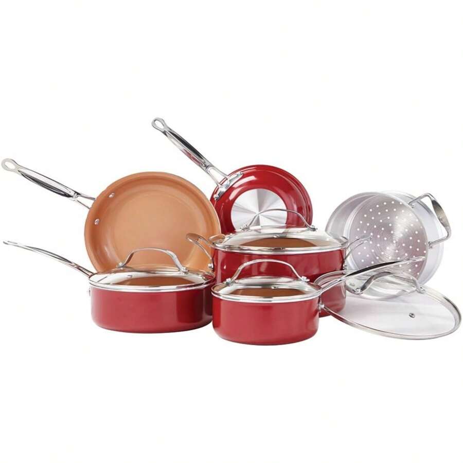 Red Copper 10 PC Copper-Infused Ceramic Non-Stick Cookware Set | SHEIN ...