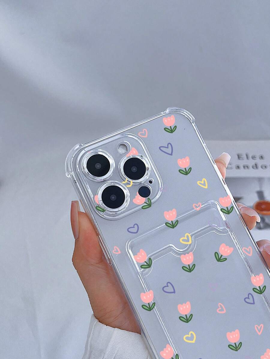 1 ชิ้น เคสโทรศัพท์ที่กันกระแทกแบบโปร่งใส พร้อมลวดลายดอกทิวลิปและรูปหัวใจสีสัน เหมาะสำหรับ iPhone ...