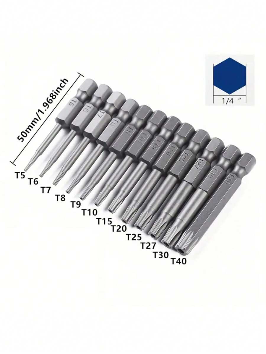 12pcs 50mm 1/4" Torx Security Screwdriver Bit Set Extended Hollow ...