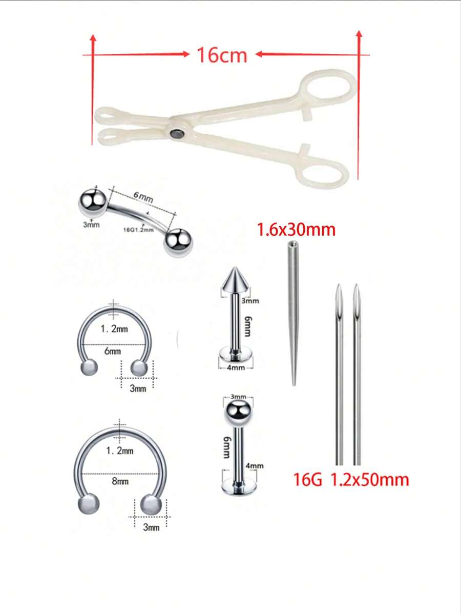 16G Professional One-Time Body Piercing Kit, Includes Clamp, Gloves And Tools For Ear, Lip And ...