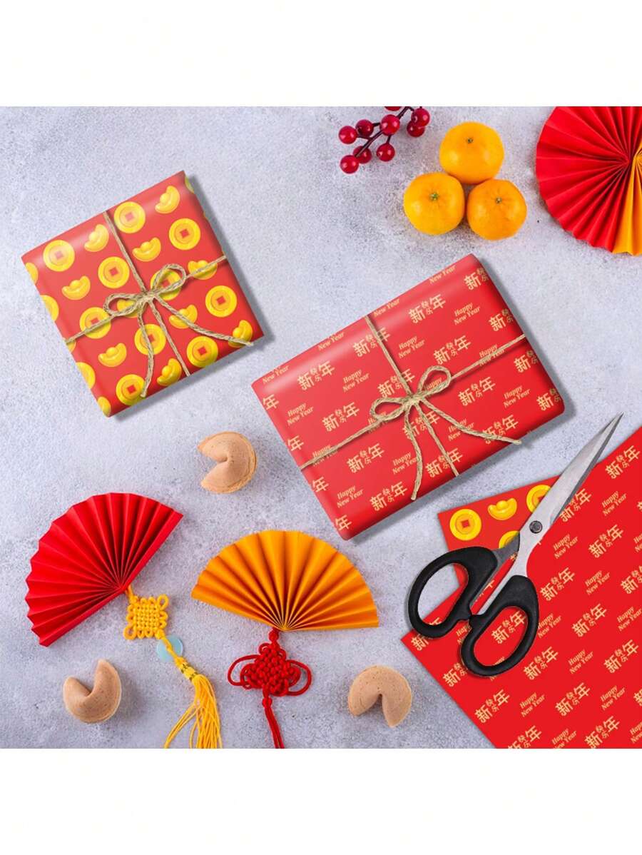 6/12pcs Red Chinese New Year Gift Wrapping Sheets,Golden Ingot Copper ...