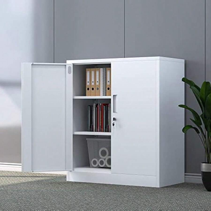 Metal Storage Cabinet With Locking Doors And 2 Adjustable Shelves Small ...