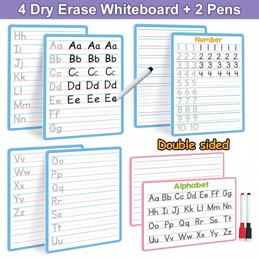 4 Pcs Double Sided Dry Erase Handwriting Alphabet Card Including 2 Pens ...