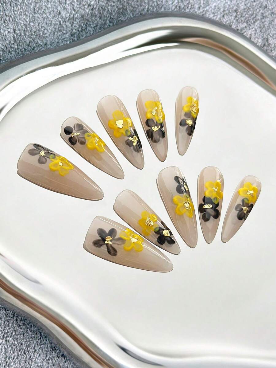 10pcs Pack 3d Handmade Pointed False Nails Skin Color Floral And Glitter