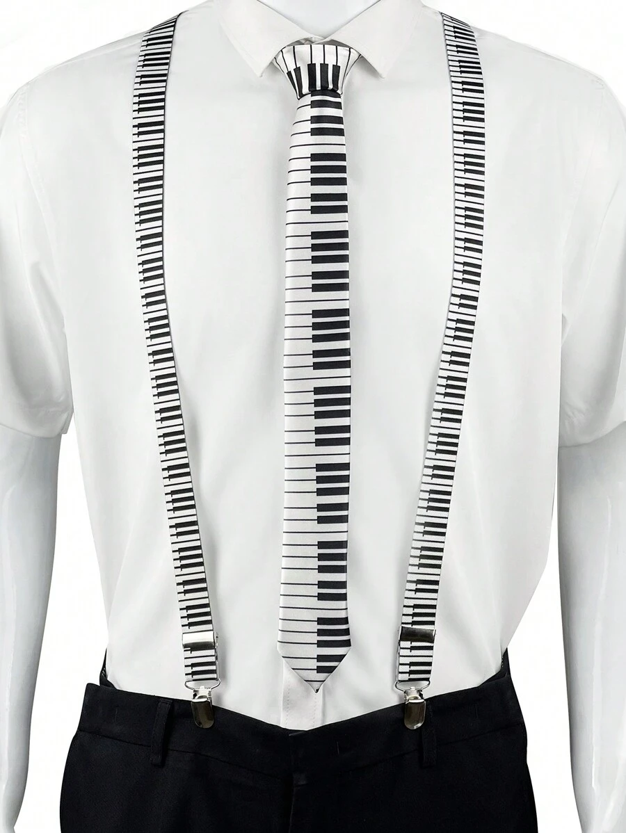 1 Set Men's Black & White Piano Key Pattern Suspenders, Tie & Bow Tie ...