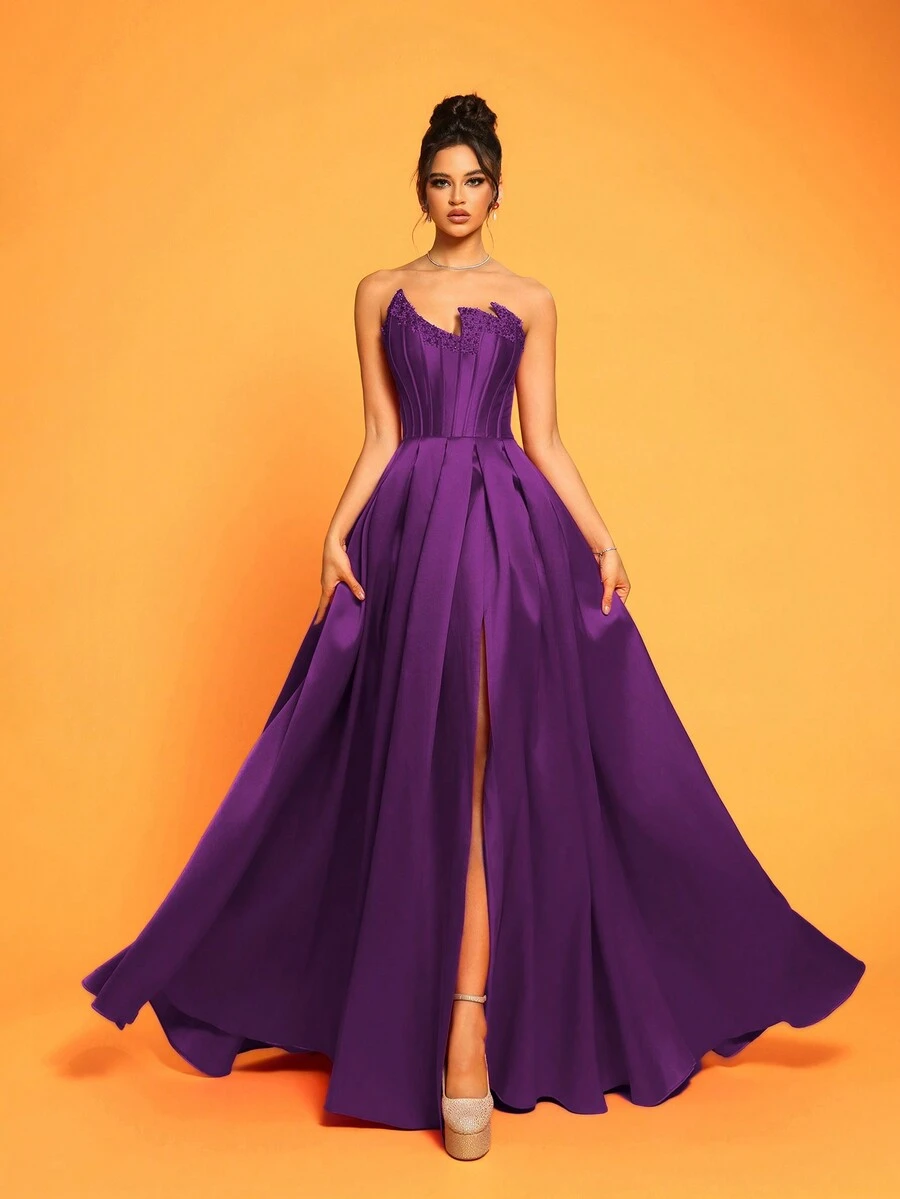 Elegant Purple Satin Gown With High Slit, A-Line Floor-Length Evening ...