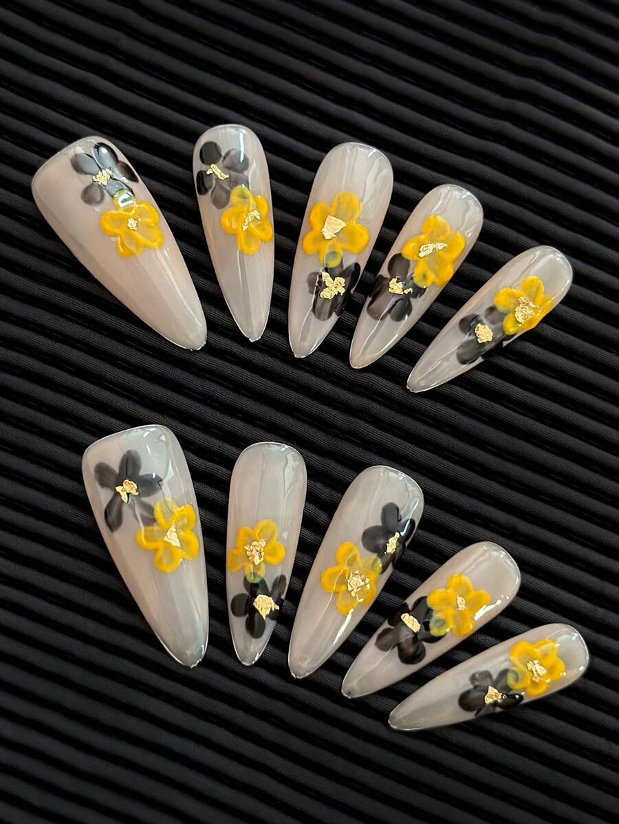 10pcs Pack 3d Handmade Pointed False Nails Skin Color Floral And Glitter