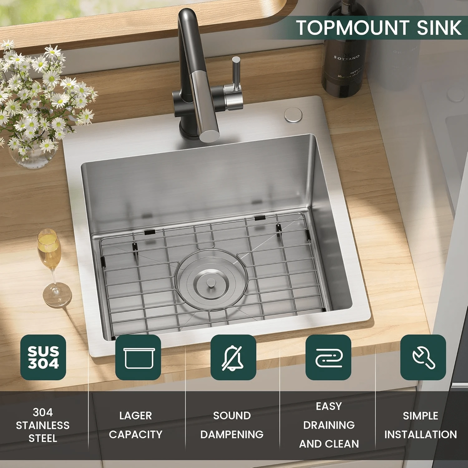 18 Inch Kitchen Sink, 16 Gauge Stainless Steel Bar Sink Topmount Single ...