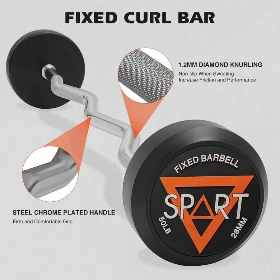 Rubber Coated Fixed Barbell, Pre-Loaded Weights EZ Curl Solid Steel Barbells, Weighted Bar For ...