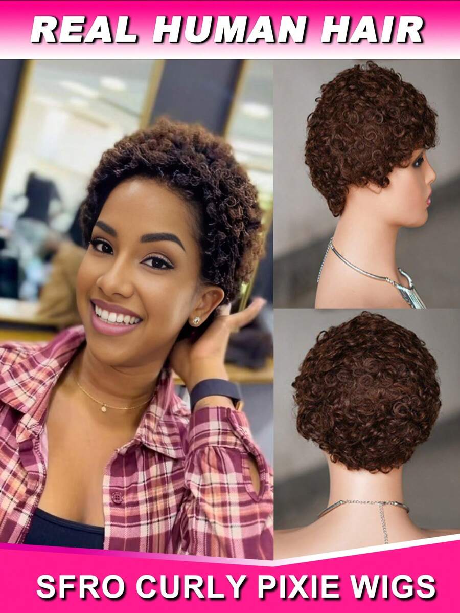 Afro Kinky Curly Pixie Human Hair Wig Short Wigs Pixie Cut Hair Curly ...