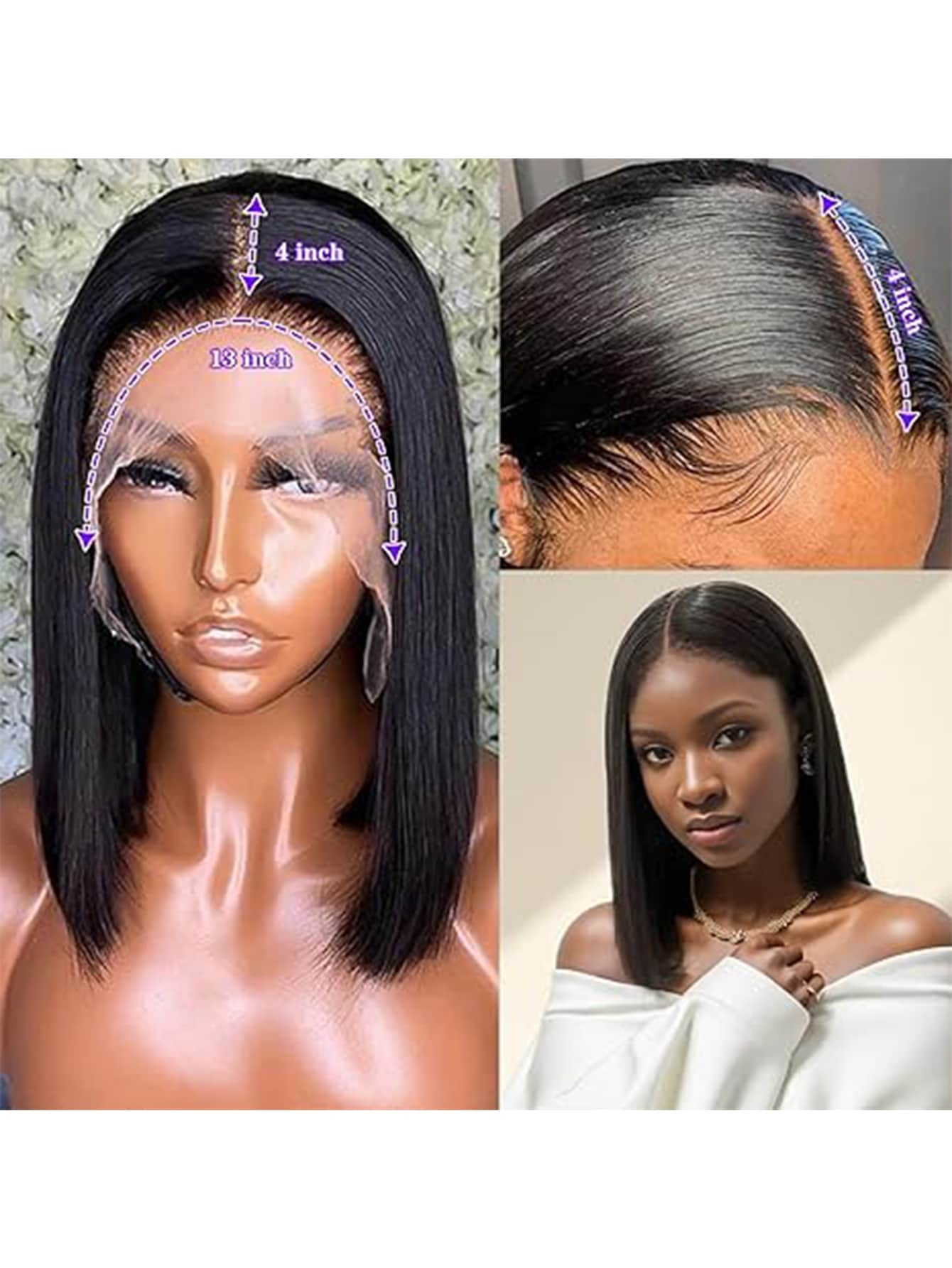 Perruque 16 pouces en cheveux humains sans colle, 12 pouces 13x4 perruque carré en cheveux ...