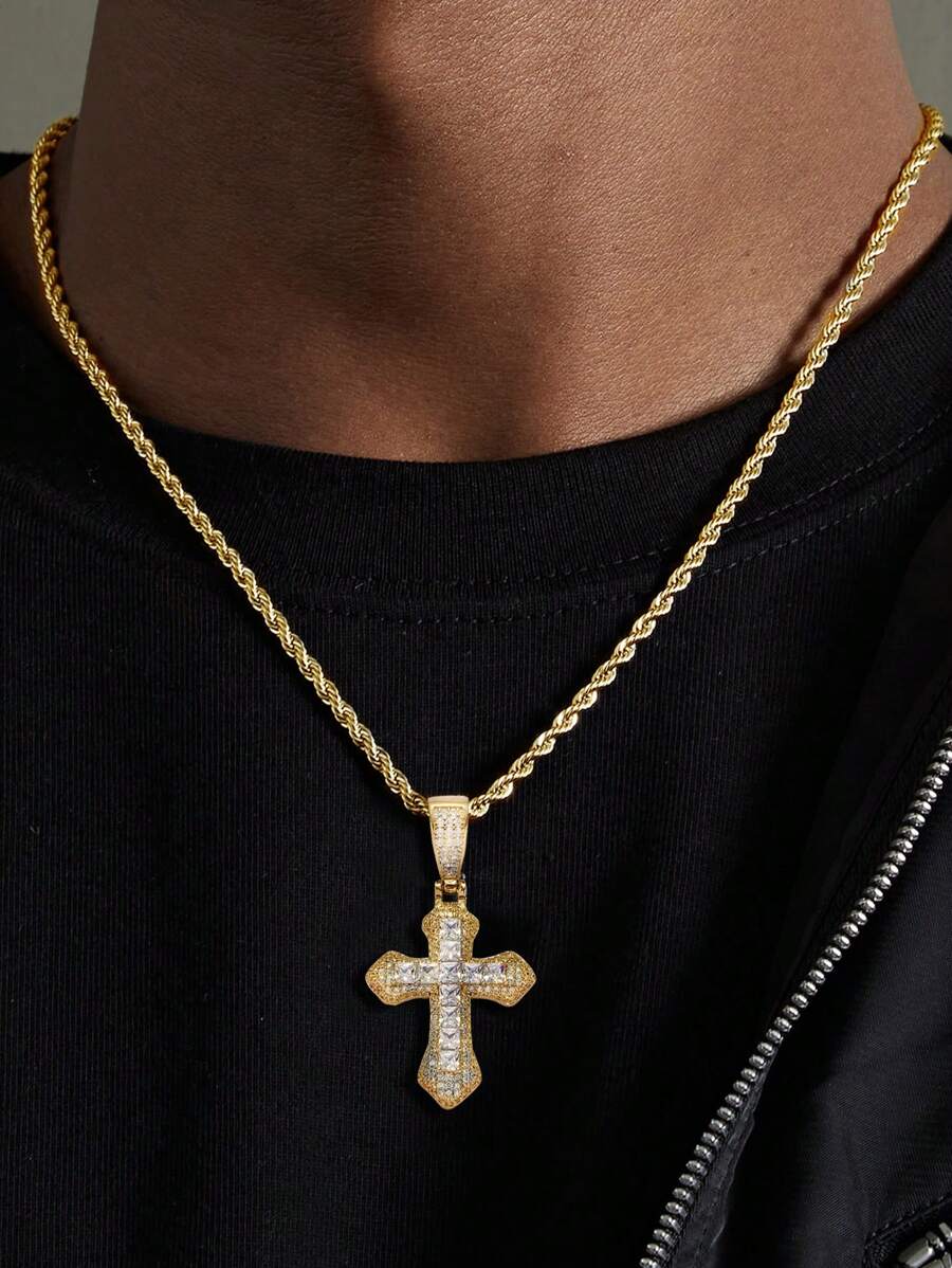 Nooxian 1pc Men's Fully Iced-Out Cross Pendant Necklace, Hip-Hop Street ...