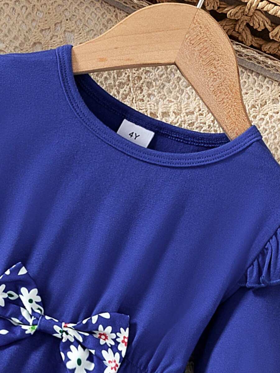 2pcs Girls Casual Solid Color Knitted Round Neck Long Sleeve Floral
