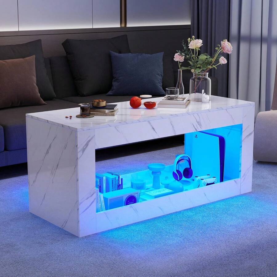 47inch Large High-Glossy LED Coffee Table, Living Room Storage Tables ...