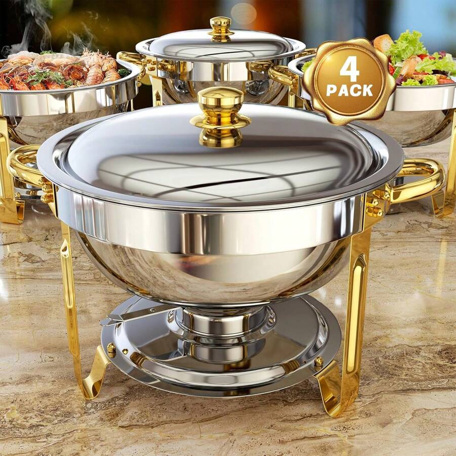 Chafing Dishes For Buffet 4 Pack, 5QT Round Chafing Dish Buffet Set [Elegant Gold And Silver ...