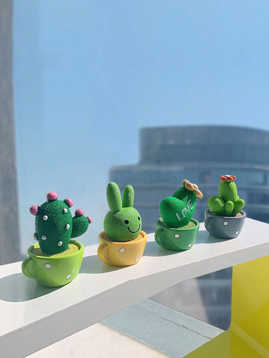Handmade Resin Art Cactus, 4pcs Cute Crystal Miniature Cactus Figurines ...