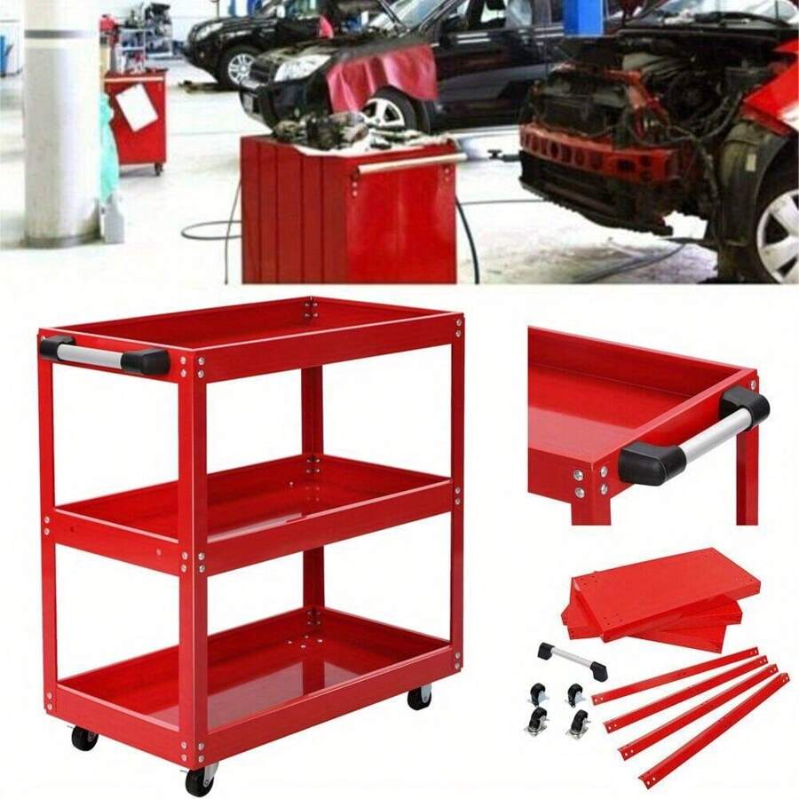 Tool Storage Heavy Duty Garage Trolley Workshop 3 Tier Wheel Cart Shelf ...