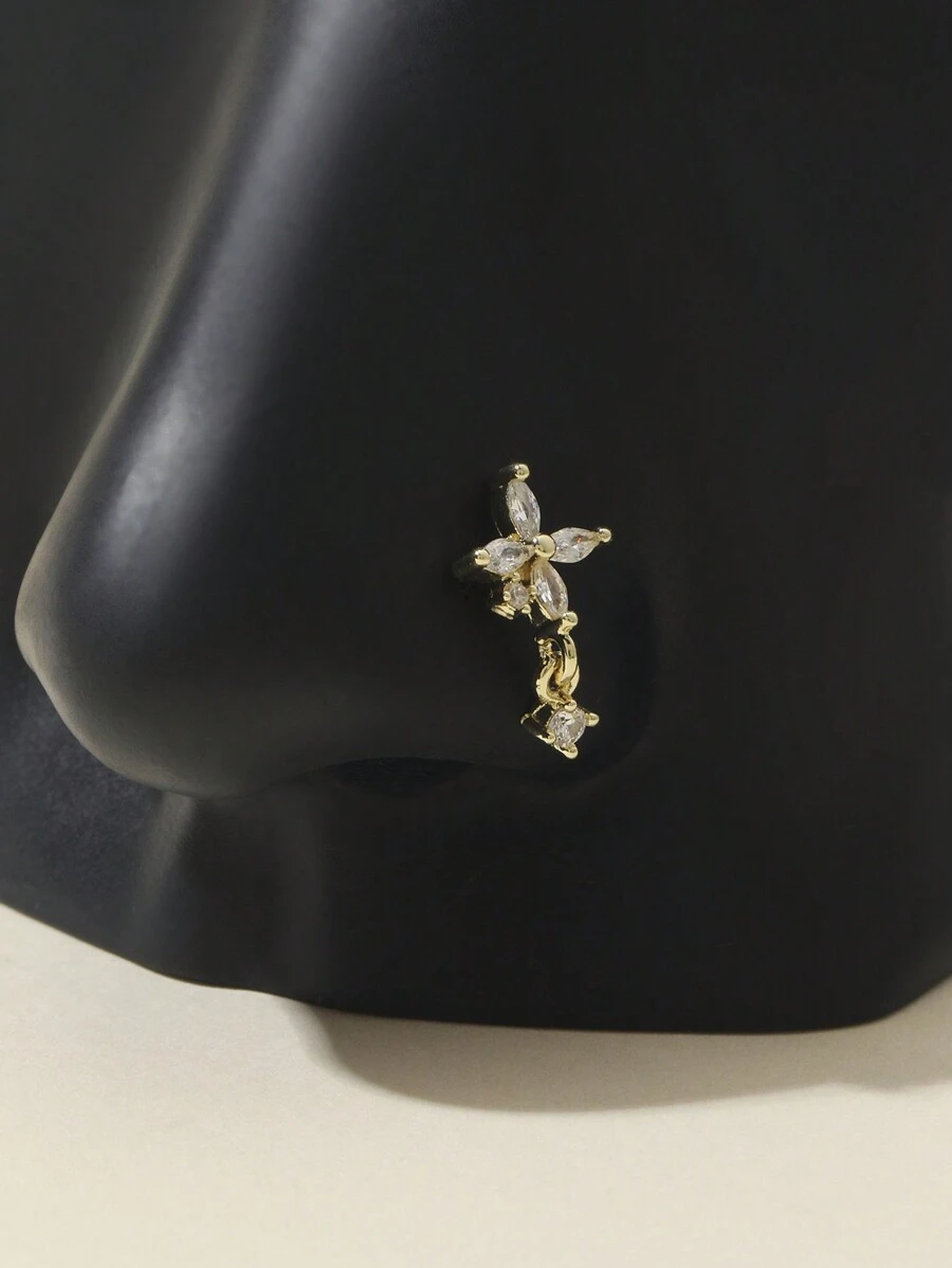 1pc L-Shaped Gold Rhinestone Flower Nose Hoop Piercing Valentines,Mom ...