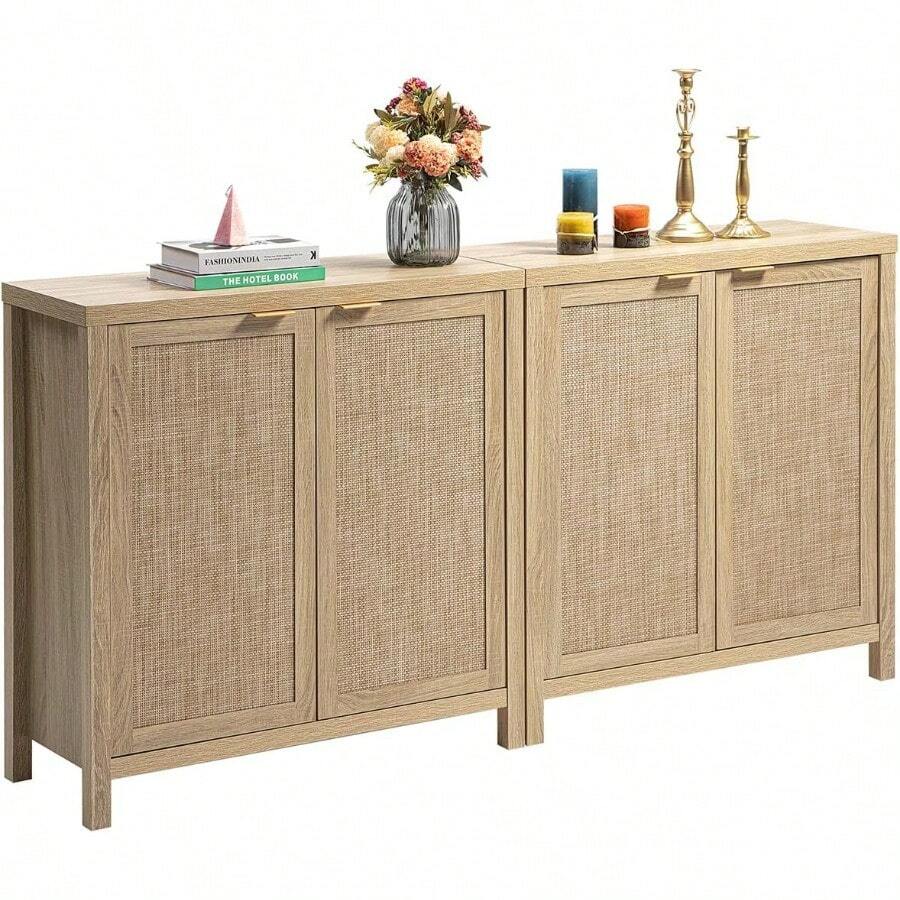 Sideboard Buffet Rattan Cabinet - Boho Large Kitchen Storage Cabinet ...