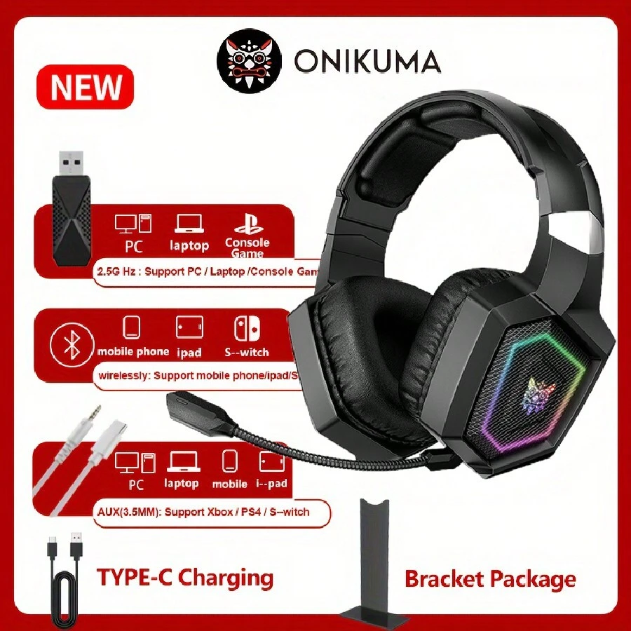 ONIKUMA GT806 Auriculares Gaming Inalámbricos con Micrófono de Cancelación de Ruido RGB Negro ...