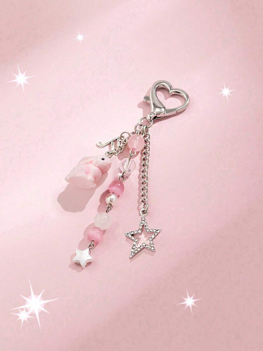 1pc Pink Rabbit Keychain, Crystal Hollow Star Music Note Pendant Bag ...