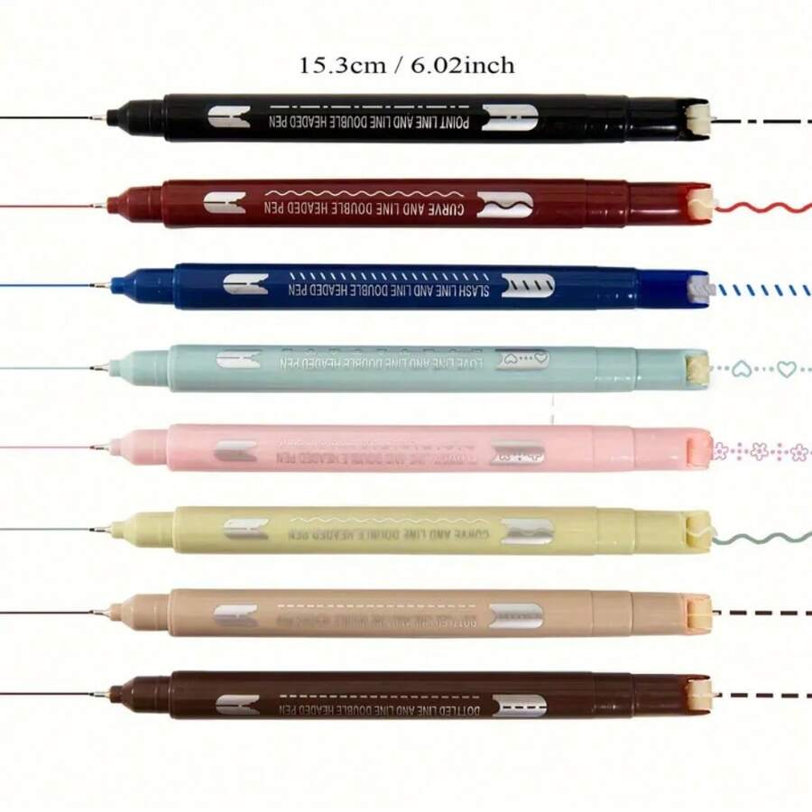 6 Shapes & 8 Colors Dual-Tip Curved Pens, Suitable For Planner ...