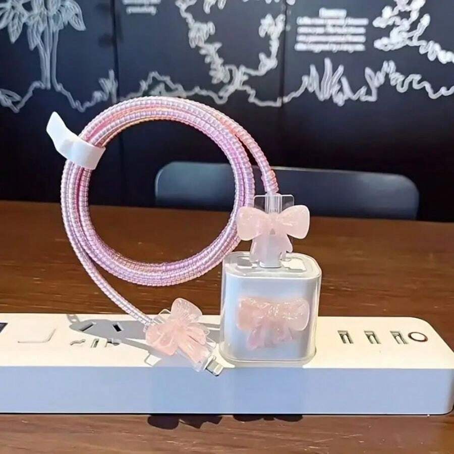 5pcs Pink 3D Bow Charging Cable Protector Set, Compatible With IPhone ...