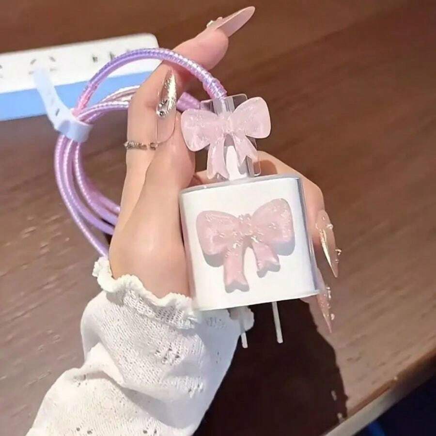 5pcs Pink 3D Bow Charging Cable Protector Set, Compatible With IPhone ...