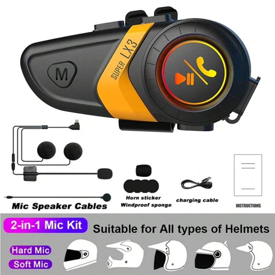 LX3 Helm Bluetooth Headset 1200MAH Motorfiets BT5.0 Draadloos Handsfree ...