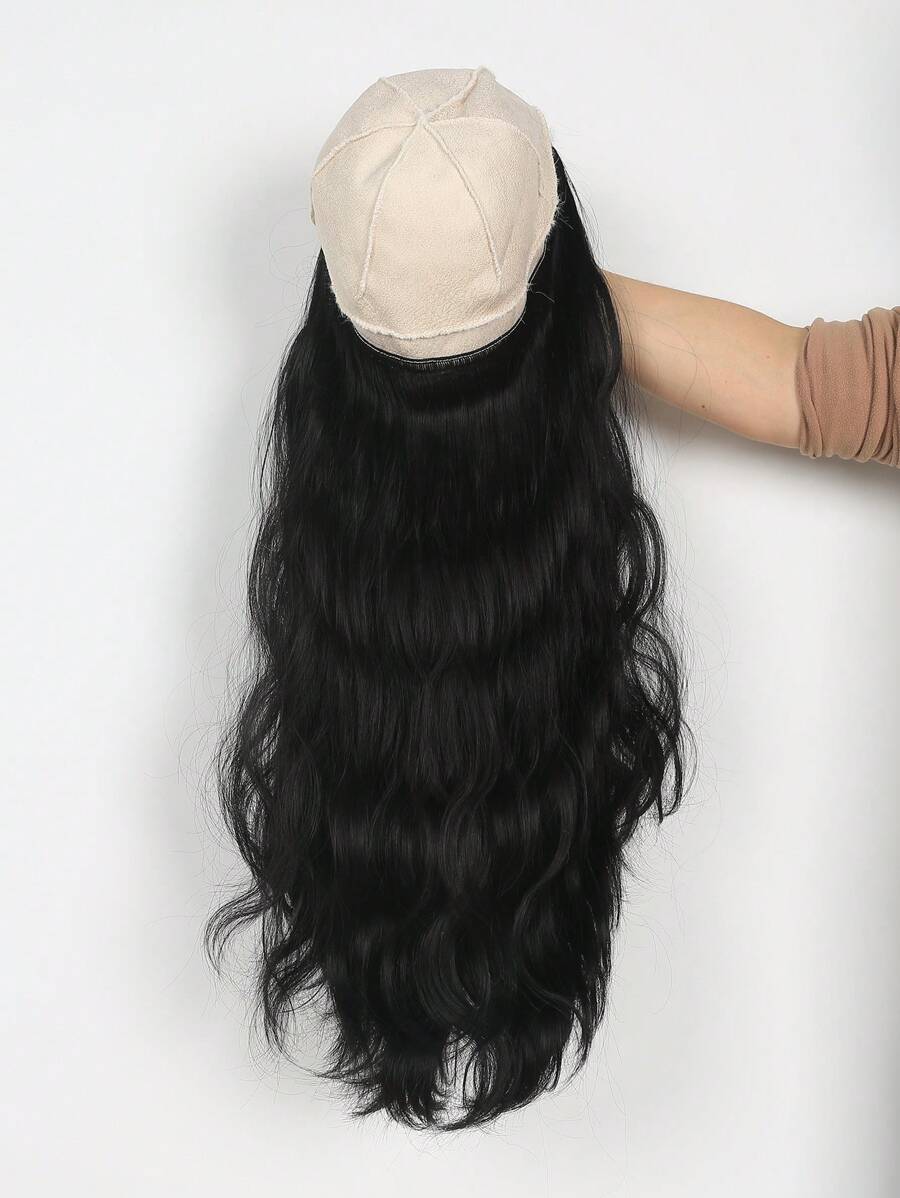 Women White Winter Furry Hat+ Black Long Body Wave Hair Wigs With ...