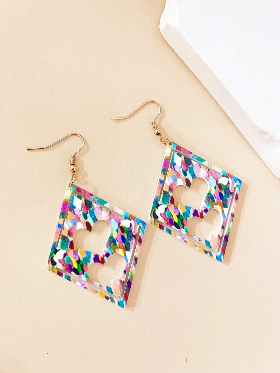 1 Pair Acrylic Boho Y2K Colorful Heart-Shaped Hollow Square Drop Earrings, Daily, Party, Holiday ...