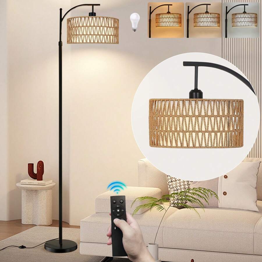 Contemporary Floor Lamp With Three-Color Light Bulb And Rattan + Fabric ...