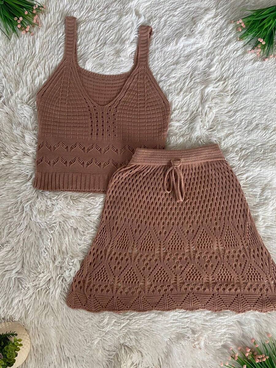 Women's Knitted Beach Cover-Up Set Summer 2025 | Lace Knit Skirt And ...