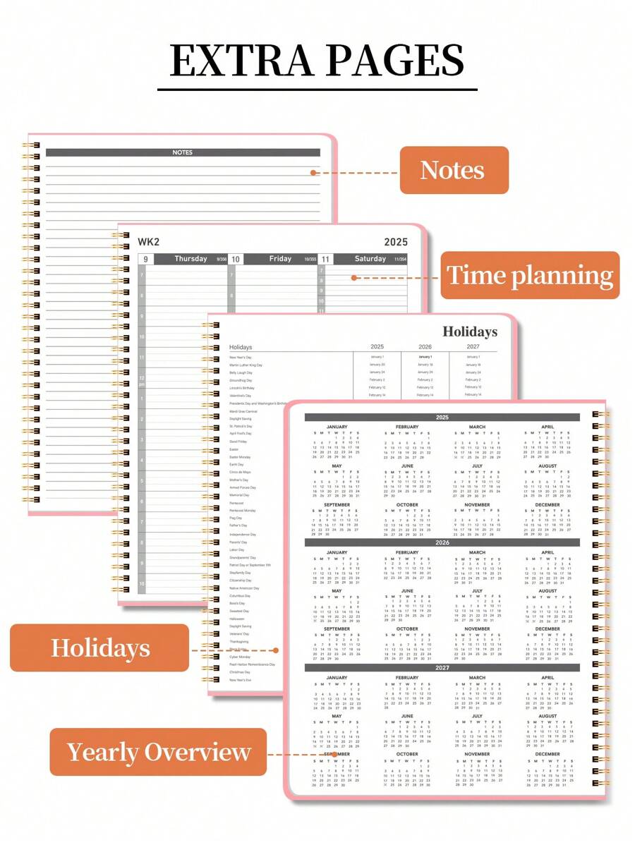 1pc 2025 12 Months Daily/Weekly Planner Spiral Bound Time Management ...