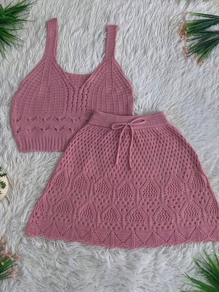 Women's Knitted Beach Cover-Up Set Summer 2025 | Lace Knit Skirt And ...