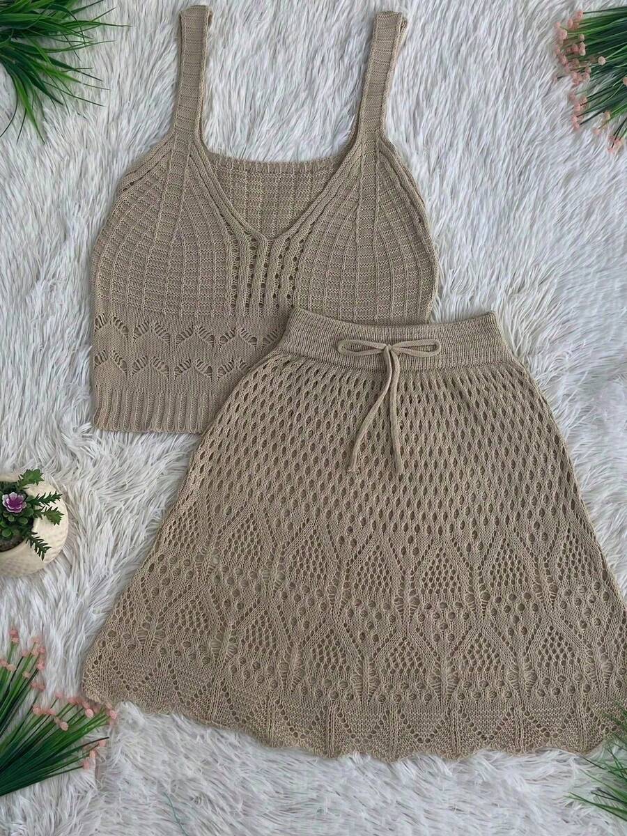 Women's Knitted Beach Cover-Up Set Summer 2025 | Lace Knit Skirt And ...