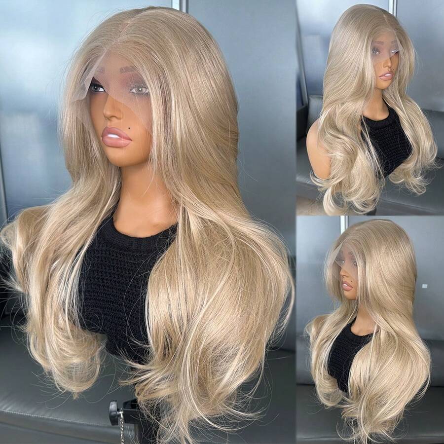 Blonde Lace Front Wig 22 Inch Long Wave Highlight Wigs Curtain Bangs ...