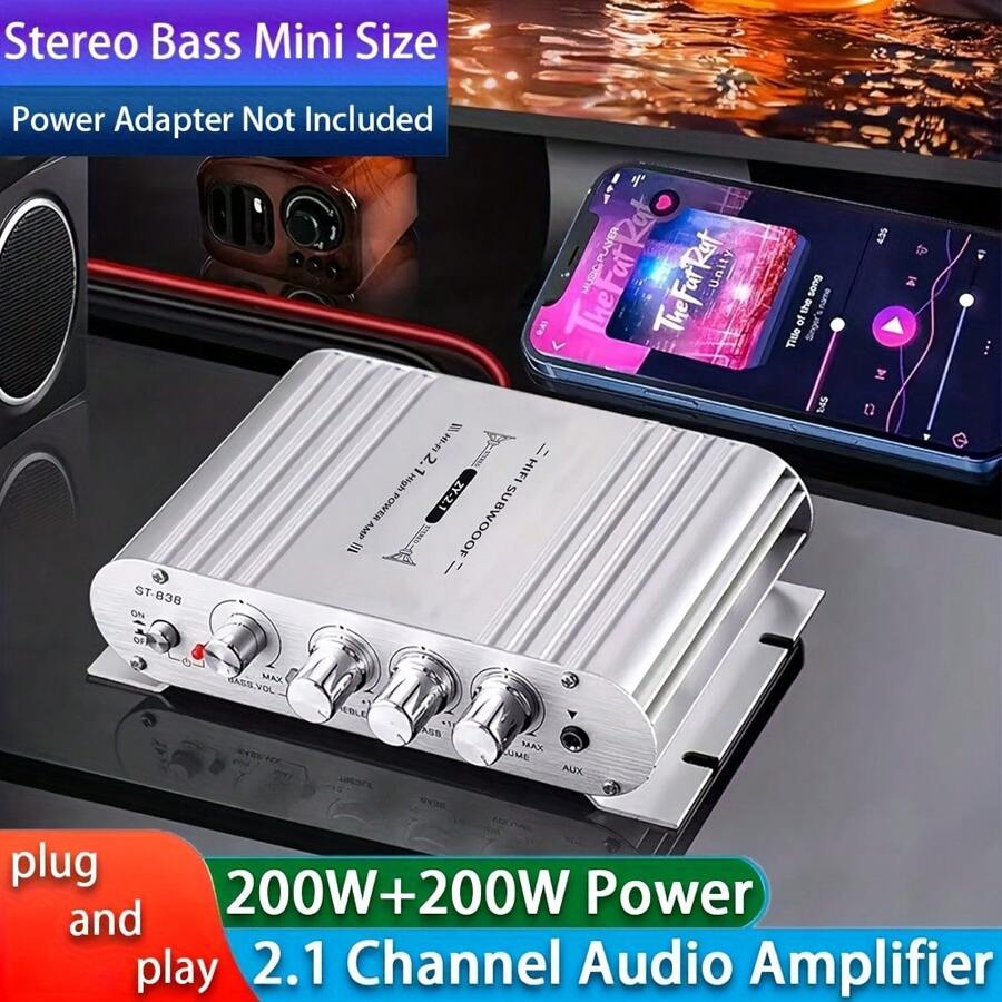 400W Mini Amplifier - 2.1 Channel Home Audio Stereo Hi-Fi System With ...
