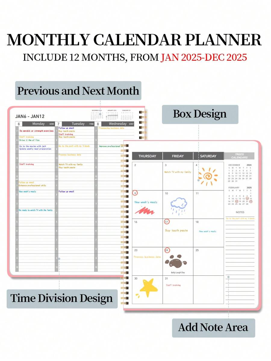1pc 2025 12 Months Daily/Weekly Planner Spiral Bound Time Management ...