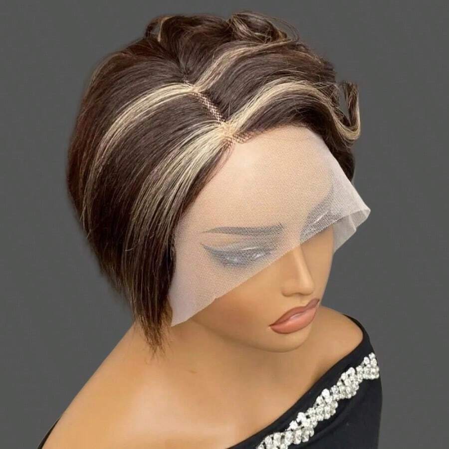 Perruque de cheveux humains court coupe pixie 13x4x1 avec partie en T en dentelle transparente ...