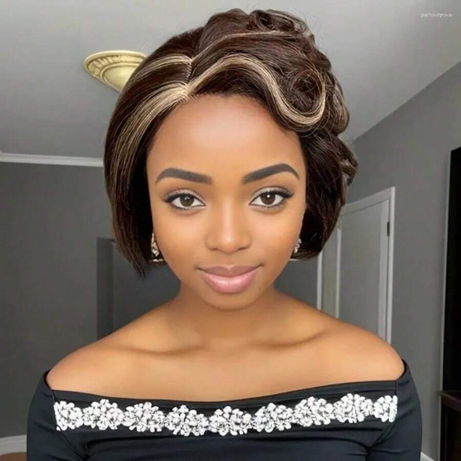 Perruque de cheveux humains court coupe pixie 13x4x1 avec partie en T ...