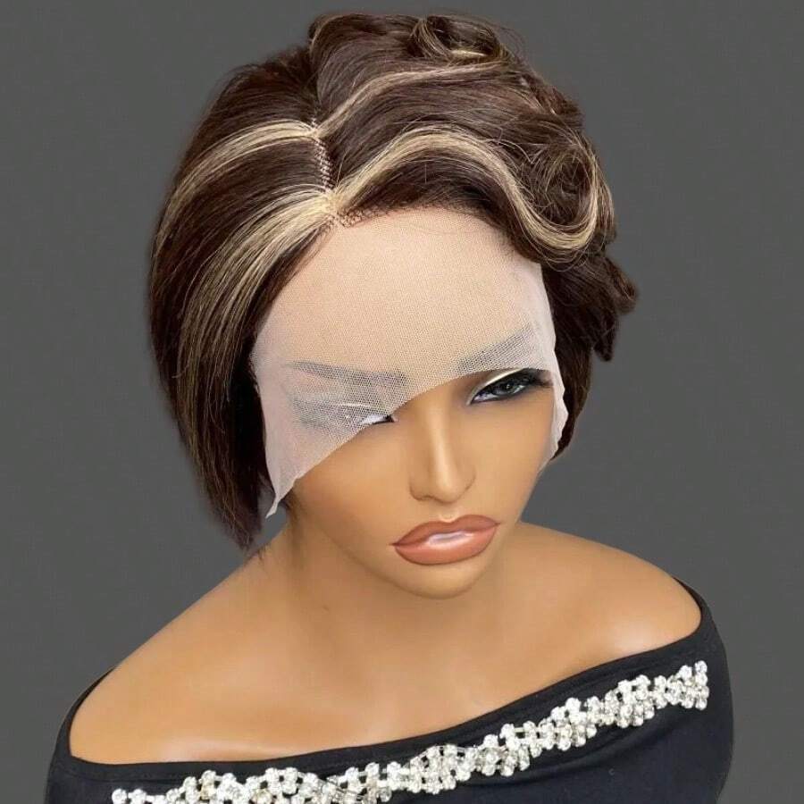 Perruque de cheveux humains court coupe pixie 13x4x1 avec partie en T en dentelle transparente ...